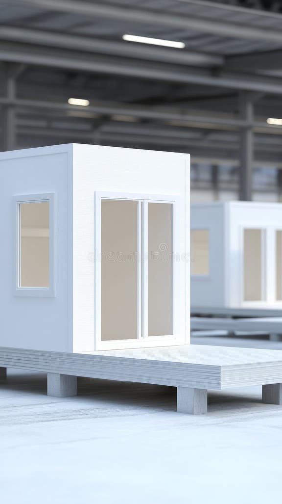 White Modular Prefab Building with Windows on a Platform Inside an ...