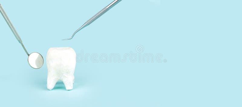White Molar on Blue Background. Big Tooth Model and Different Tools for ...