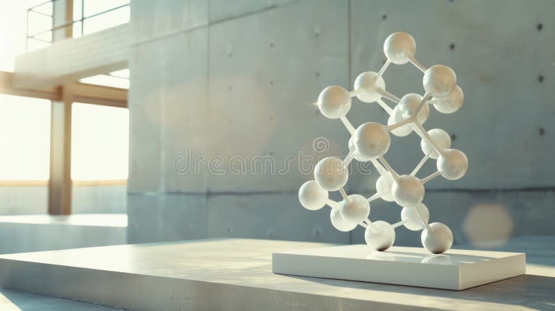White Molecular Structure Model Standing on Concrete Pedestal in an ...