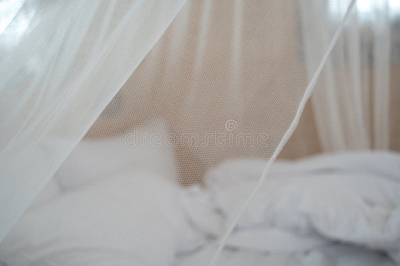 White Mosquito Net and Bed with Pillows Stock Image - Image of journey ...