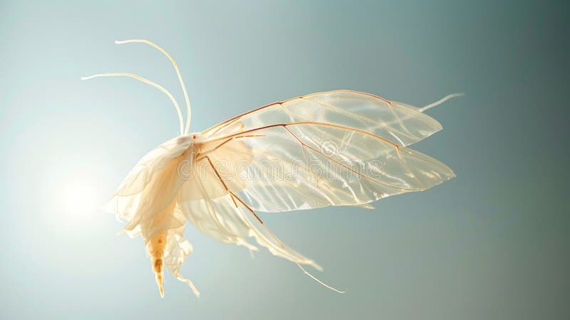 White Moth with Translucent Wings is Flying in a Bright Blue Sky with ...