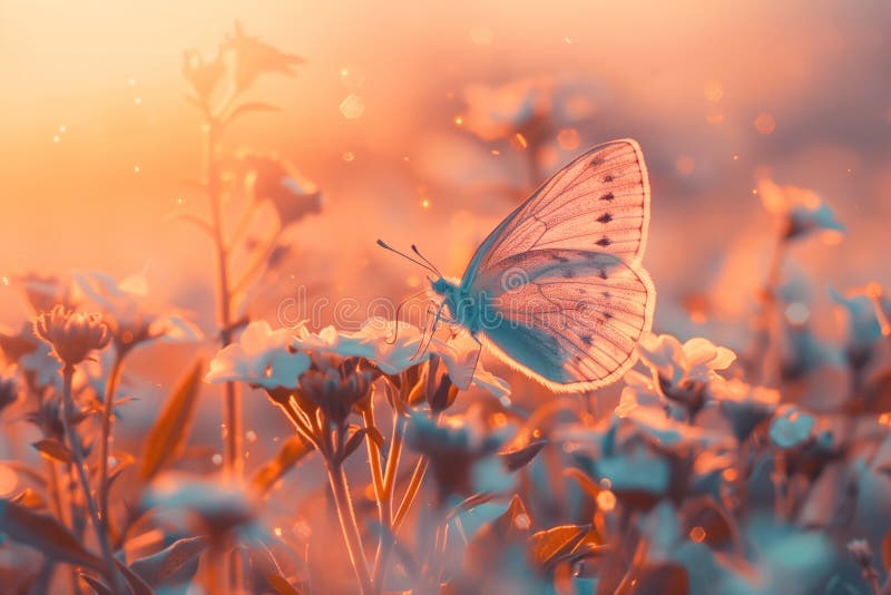 White Moth among White Flowers is Soft Sunset or Sunrise Light Natural ...