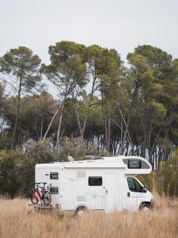 White Motor Home Parked in the Forest Stock Photo - Image of motor ...