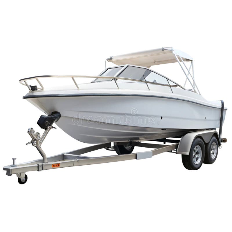 White Motorboat on a Car Single-axle Trailer Side View Isolated on ...