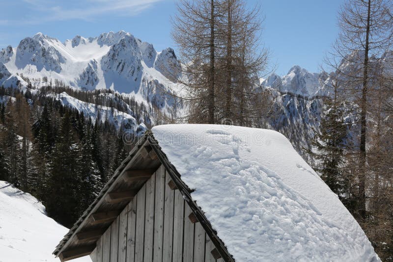 White Mountains and the Roof of a Small Hut in Winter Stock Image ...