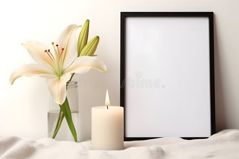 White Mourning Candle and Lilies, Free Space, Empty Frame Stock ...