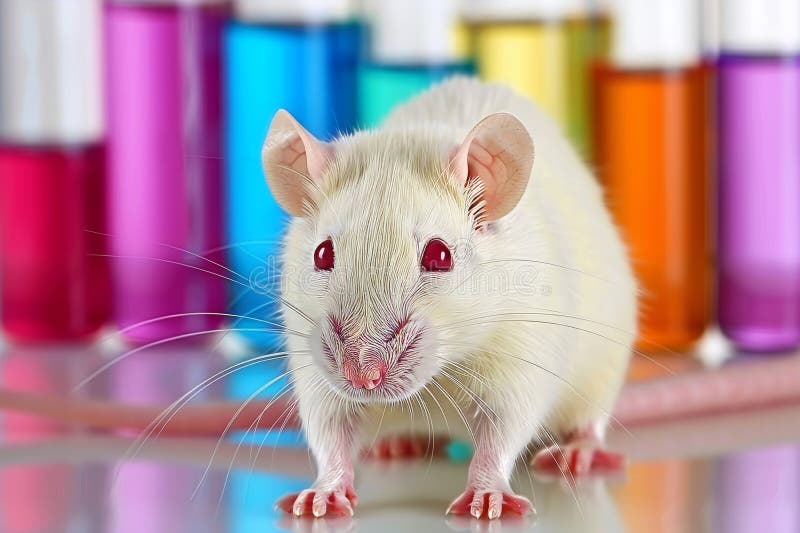 White Mouse in Bio Lab on Table, with Blurred Background for Text in ...
