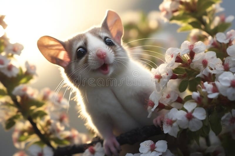 White Mouse on a Branch of a Flowering Tree in the Rays of the Setting ...
