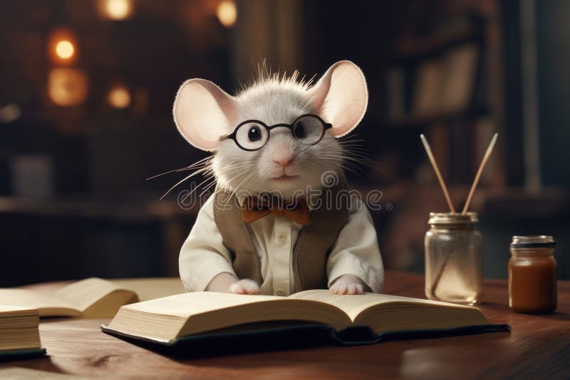 A White Mouse with Glasses Looks at a Book in the Library Stock ...