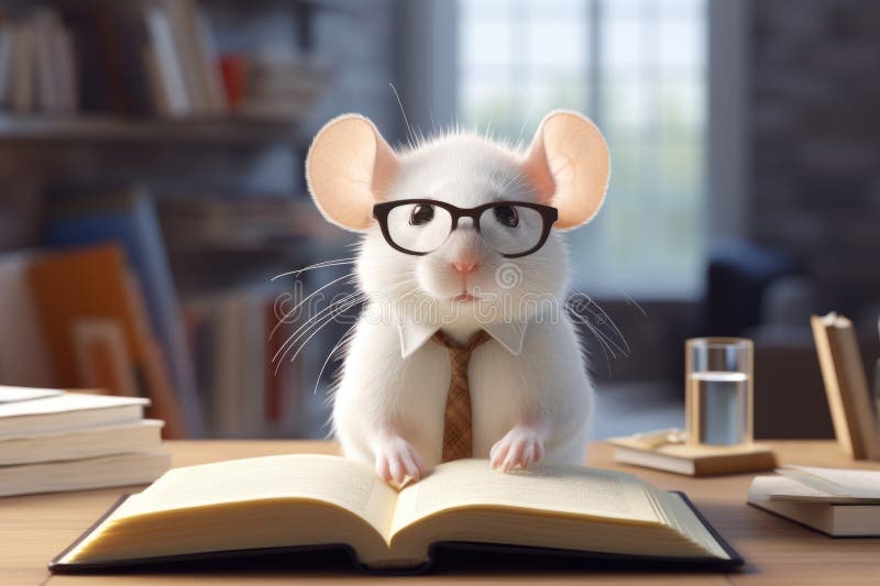 A White Mouse with Glasses Looks at a Book in the Library Stock Image ...