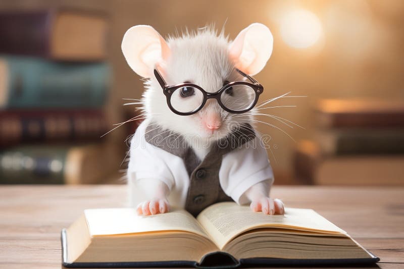 A White Mouse with Glasses Looks at a Book in the Library Stock ...