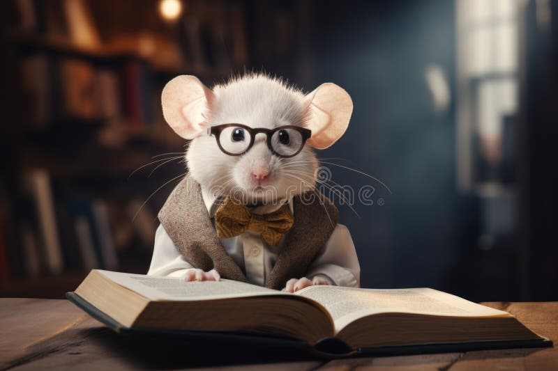 A White Mouse with Glasses Looks at a Book in the Library Stock ...