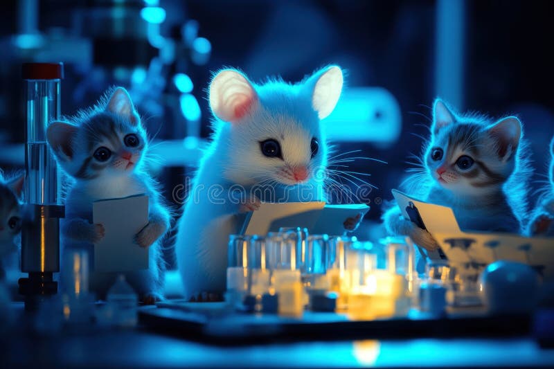 White Mouse and Kittens Scientists Working in a Dark Cyan Laboratory ...