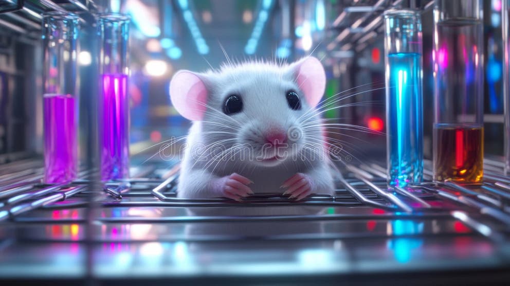 White Mouse in a Laboratory Setting with Colorful Test Tubes Stock ...
