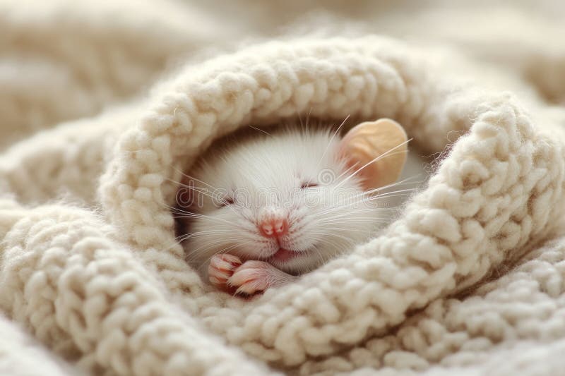 White Mouse Peacefully Sleeping Wrapped Soft Knitted Blanket Stock ...