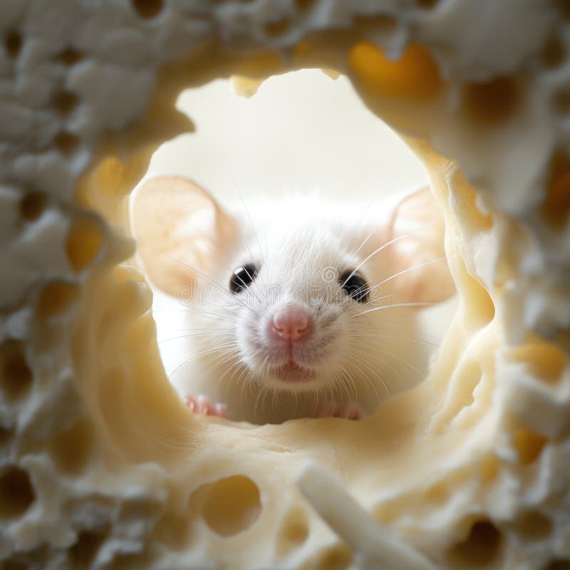 A White Mouse Peeks Out of a Hole in a Piece of Swiss Cheese Stock ...