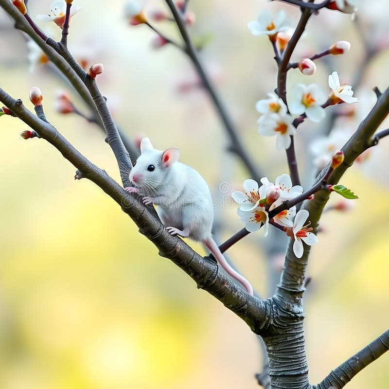 A White Mouse Sits on the Branches of a Young Blossoming Plum Tree. AI ...