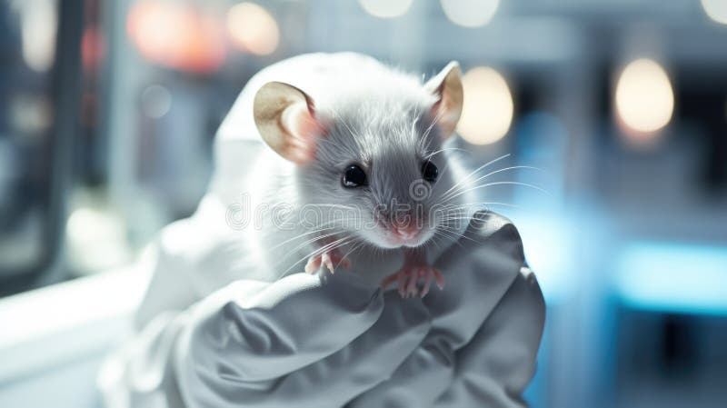 A White Mouse Sitting on a Gloved Hand, Laboratory Animal, Testing ...