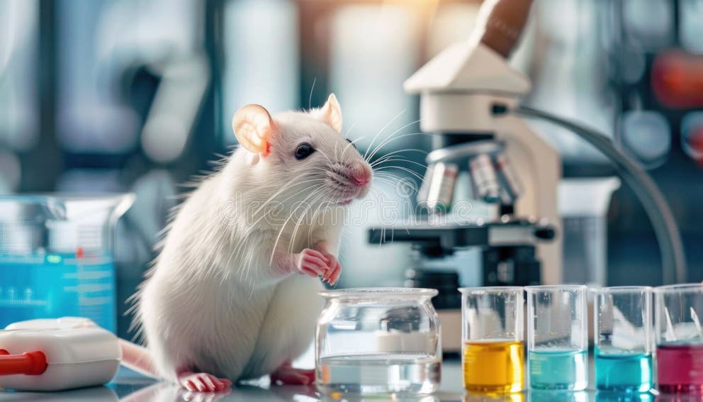 A White Mouse is Sitting on a Table in a Lab Next To a Microscope Stock ...