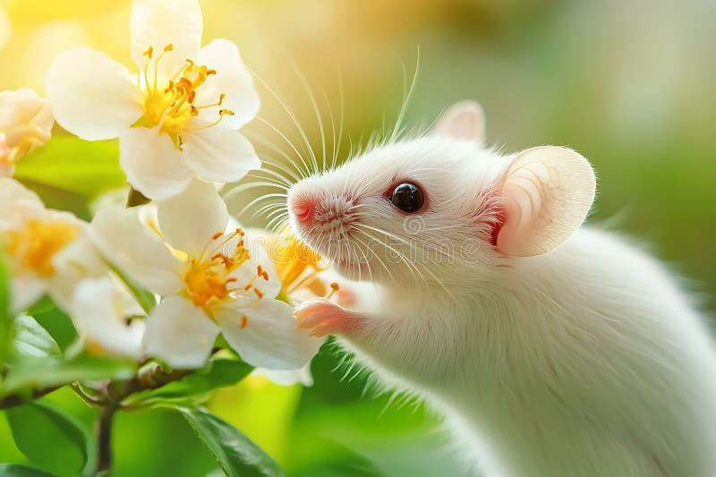 White Mouse Sniffing a Flower, Soft Natural Lighting Stock Illustration ...