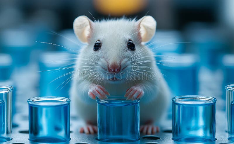 A White Mouse is Standing in Front of a Row of Blue Glass Containers ...