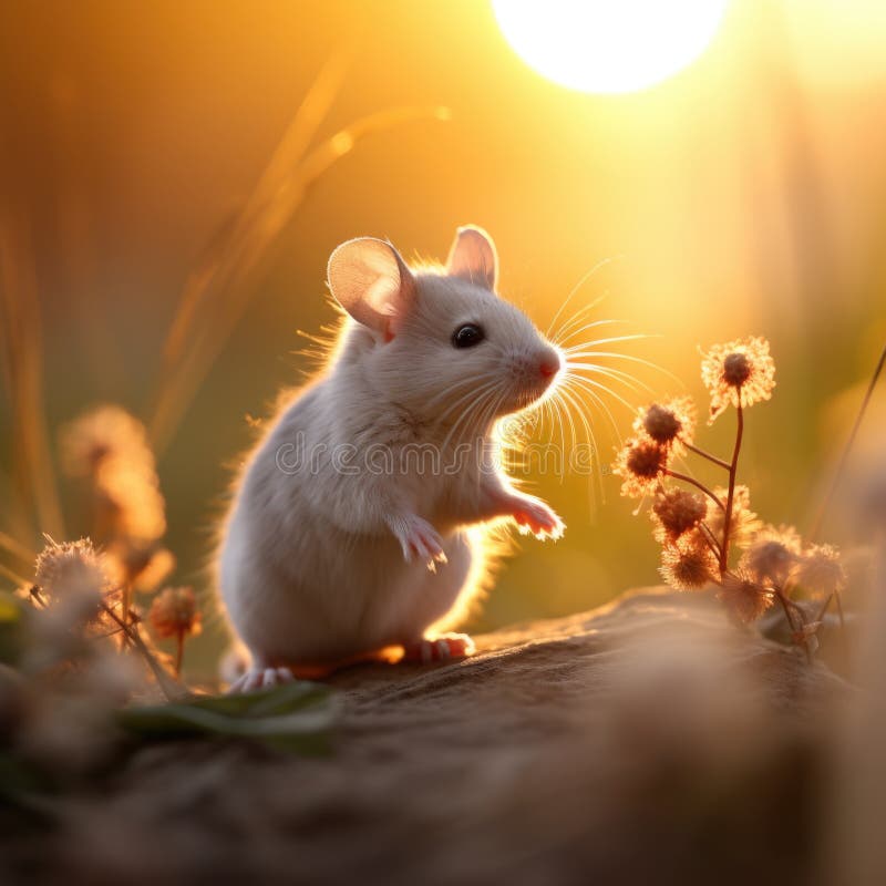 A White Mouse is Standing on a Rock in Front of the Sun, AI Stock ...