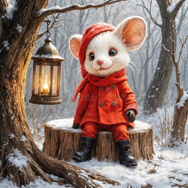 White Mouse on a Tree Stump with a Lantern Stock Illustration ...