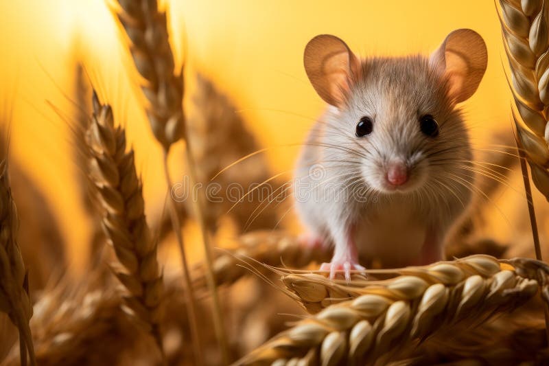 White Mouse among Wheat Stalks on a Vibrant Yellow Backdrop Captured ...