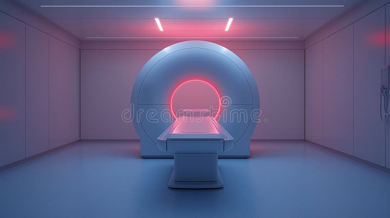 A White MRI Machine with Red Lights on it. the Room is Dimly Lit and ...