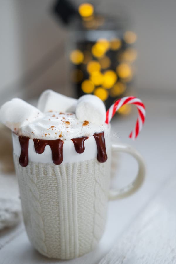 White Mug with Cocoa with Marshmallows and Chocolate on a Background of ...