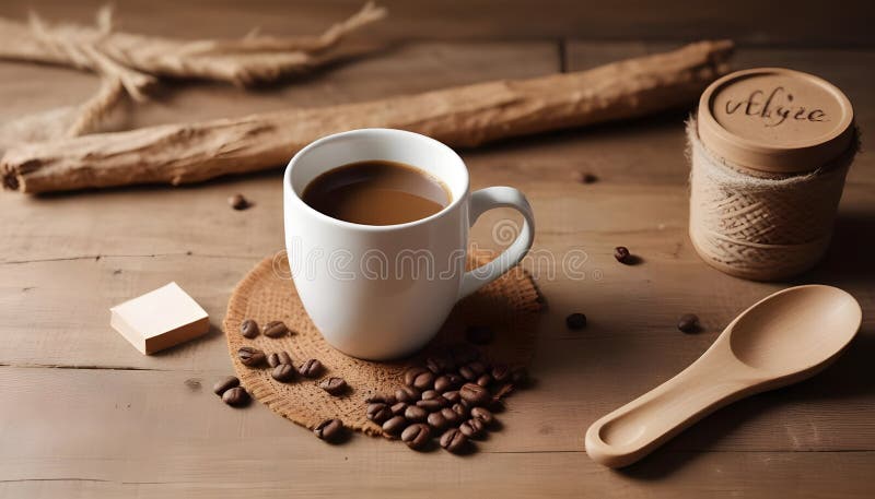 A White Mug Filled with Coffee Sits on a Wooden Table Surrounded by ...