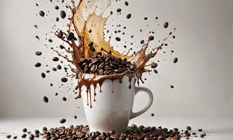 White Mug with Handle is Filled with Coffee Beans, Causing Splash Brown ...
