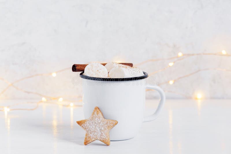 White Mug of Hot Cocoa with Marshmallow and Cookie Stock Photo - Image ...