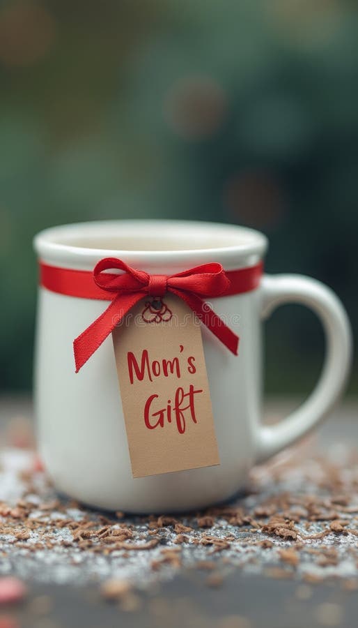 White Mug with Red Ribbon Labeled "Mom S Gift" Stock Photo - Image of ...
