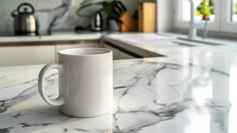 A White Mug Sits on a Sleek, White Marble Countertop in a Modern ...