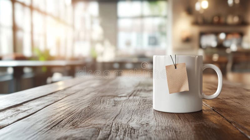 White Mug with Tag on a Wooden Table in a Bright Cafe Interior Scene ...