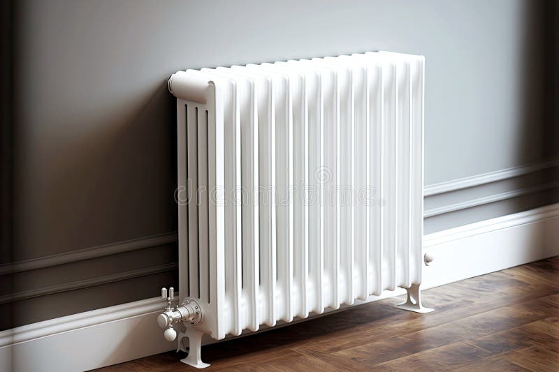 White Multi-section Heating Radiator on Legs Near the Wall Stock Photo ...