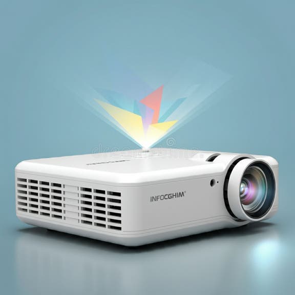 A White Multimedia Projector is Displayed Against a Light Blue ...