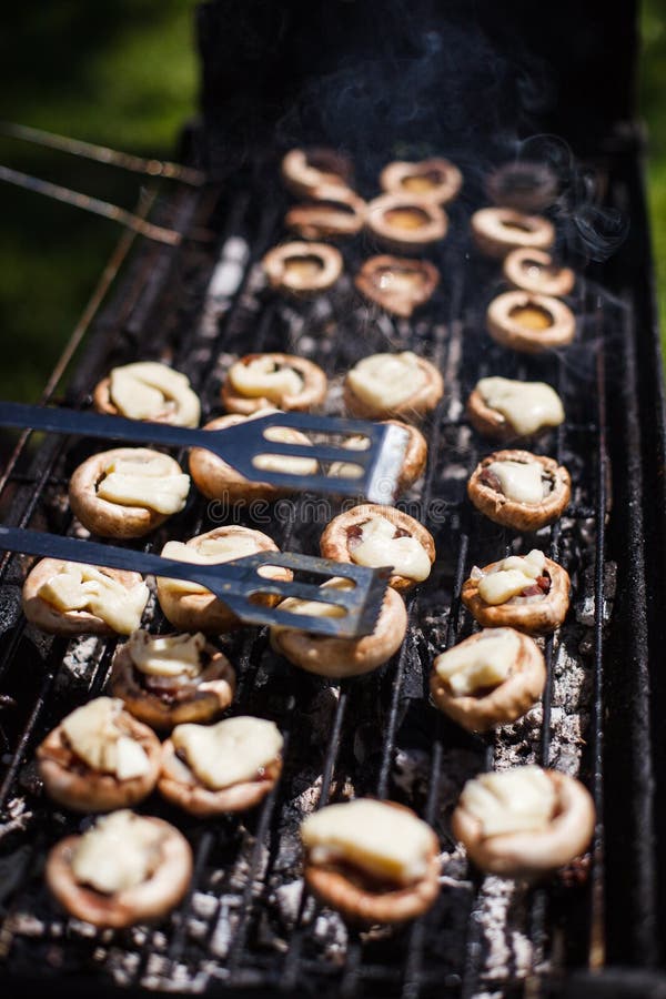 White Mushrooms Grilled BBQ Steam Stock Image - Image of closeup ...
