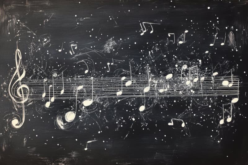 White Music Notes and a Treble Clef Dance on a Textured Black ...