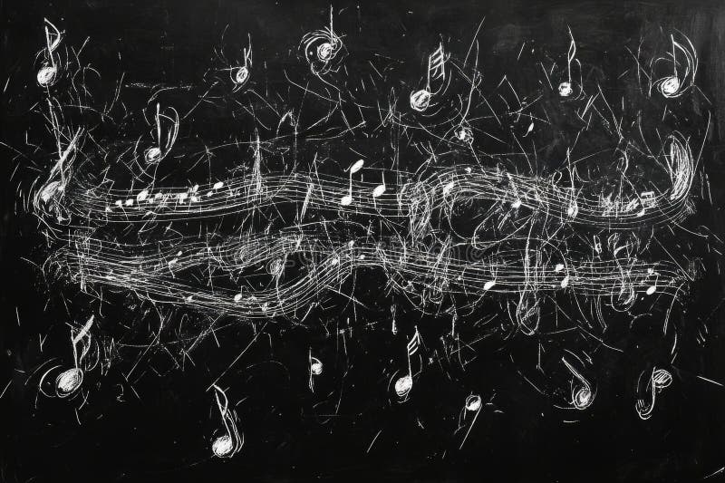 White Musical Notes and Symbols Drawn on a Scratched Blackboard ...