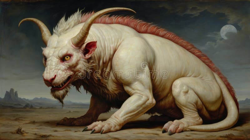 A White Mythical Creature with Horns Sits in a Desert Landscape Stock ...