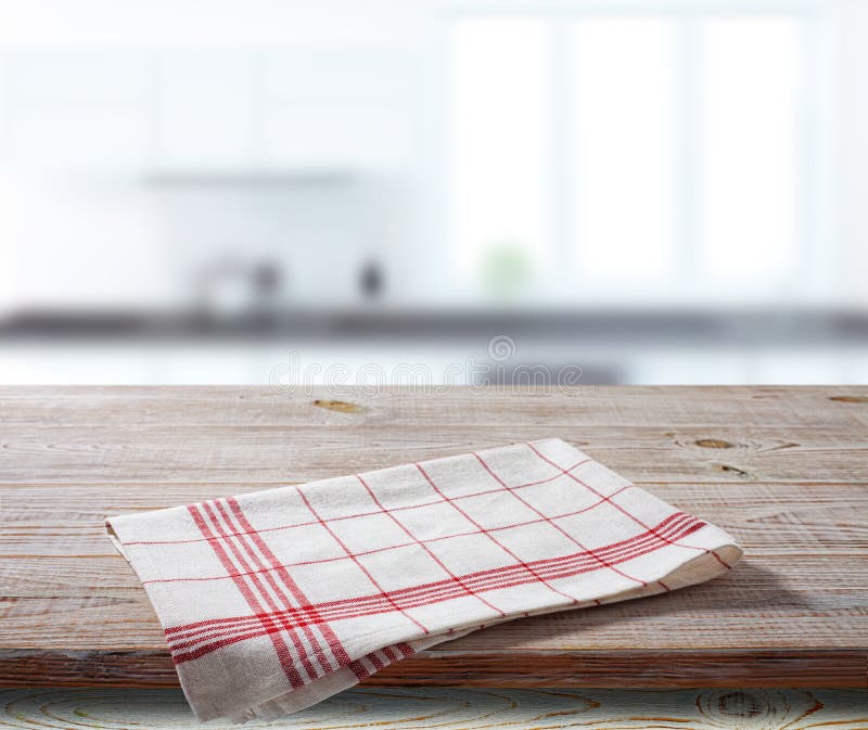 White Napkin, Table Cloth on Wooden Deck Mockup. Kitchen Interior ...