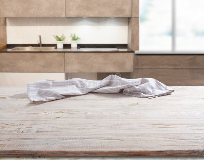 White Napkin, Table Cloth on Wooden Deck Mockup. Kitchen Interior ...
