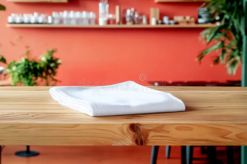 White Napkin on Wooden Table in Modern Cafe Interior with Plants and ...