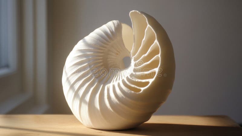White Nautilus Shell Sculpture on Wooden Surface Stock Illustration ...