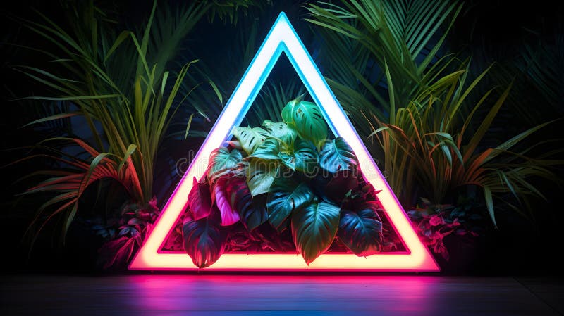 White Neon Triangle Surrounded by Tropical Leaves. Exotic Backdrop with ...