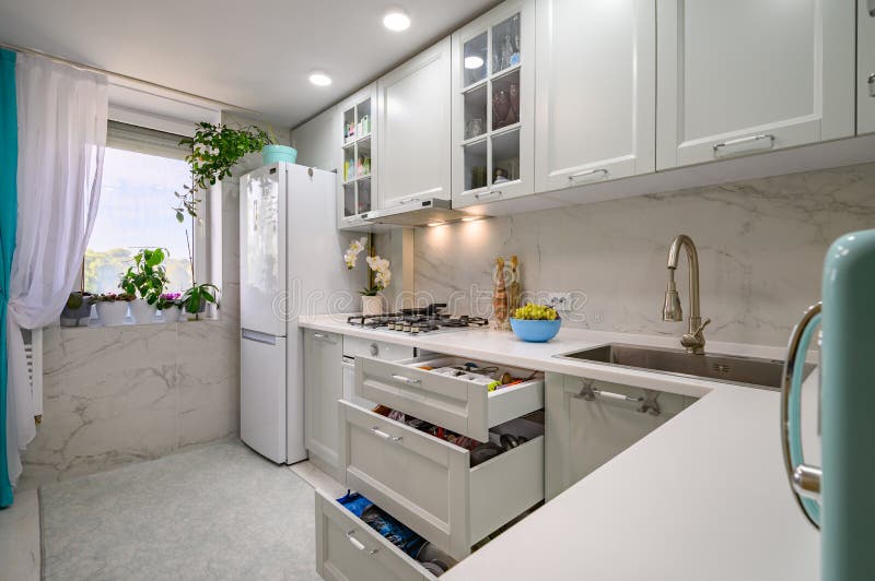 White New Modern Well Designed Kitchen Interior Stock Photo - Image of ...