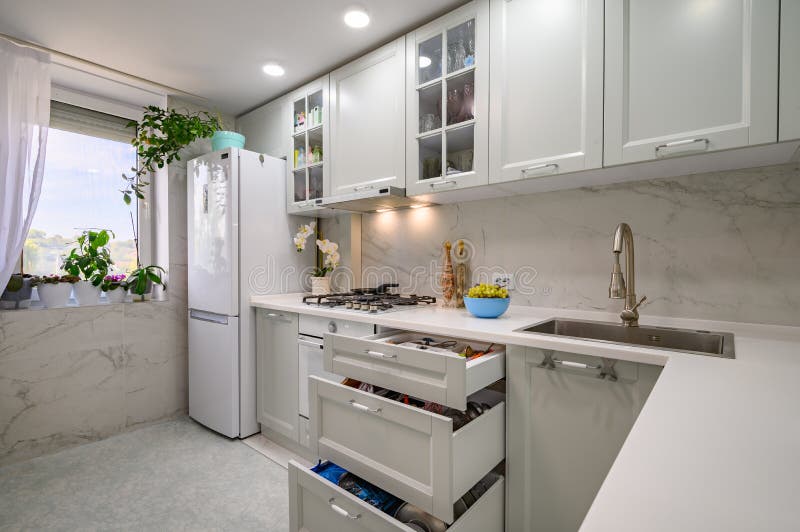 White New Modern Well Designed Kitchen Interior Stock Image - Image of ...