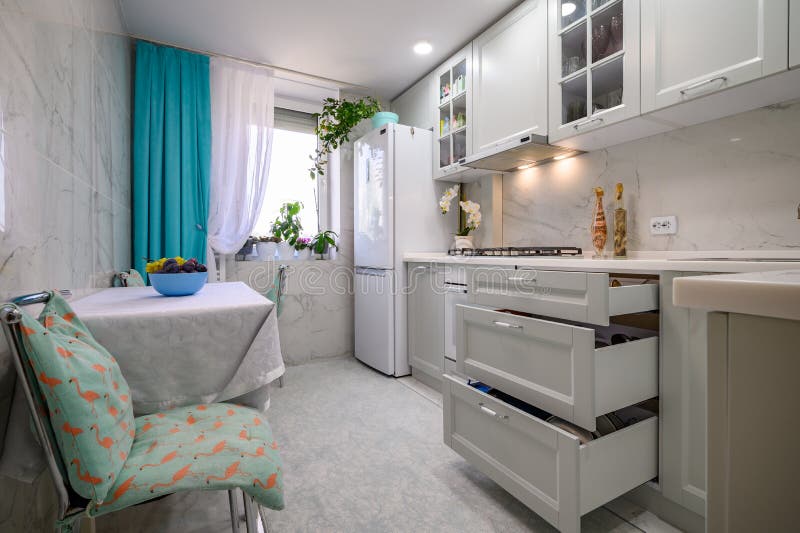 White New Modern Well Designed Kitchen Interior Stock Image - Image of ...